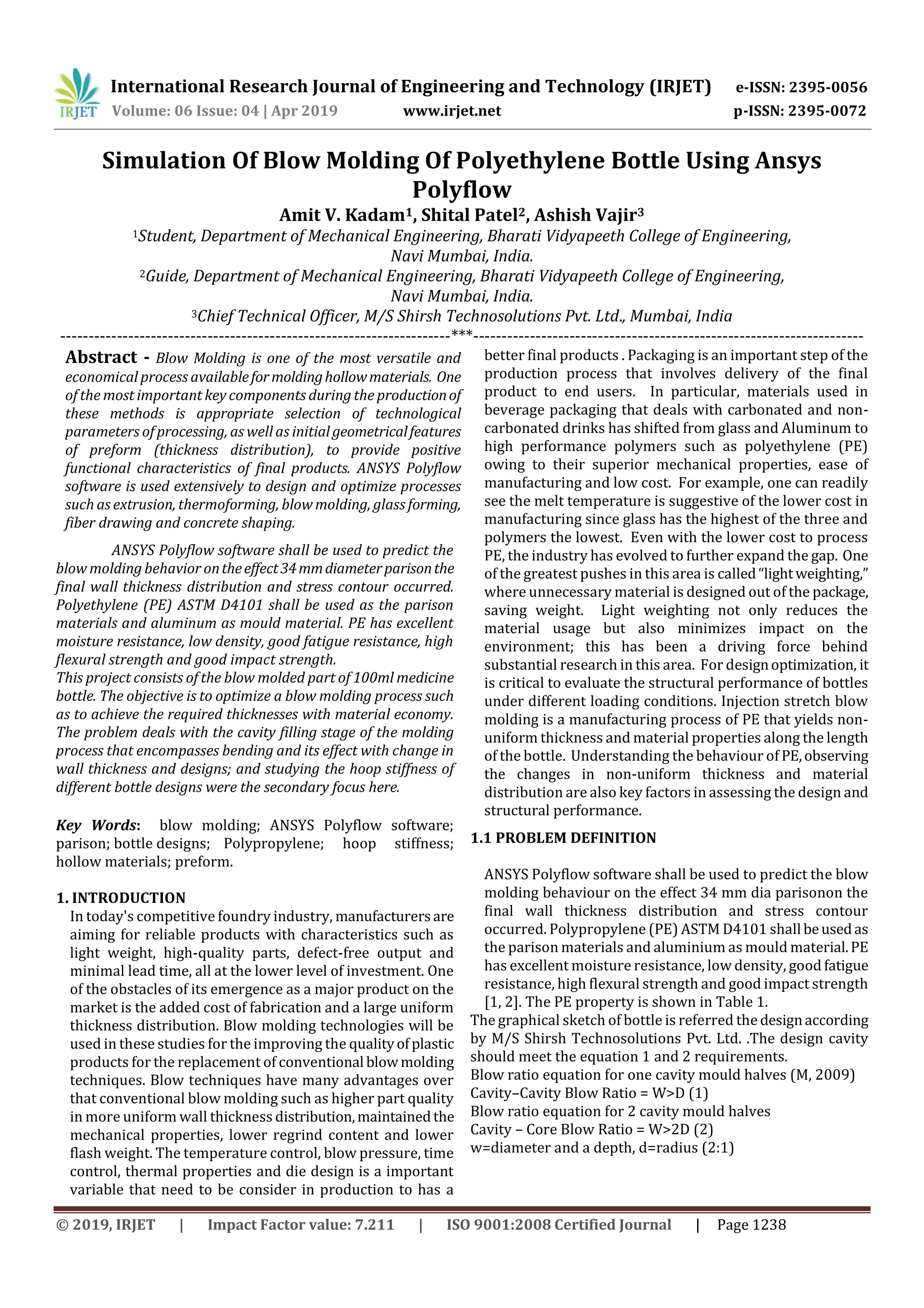 IRJET- Simulation of Blow Molding of Polyethylene Bottle using Ansys Polyflow | PDF