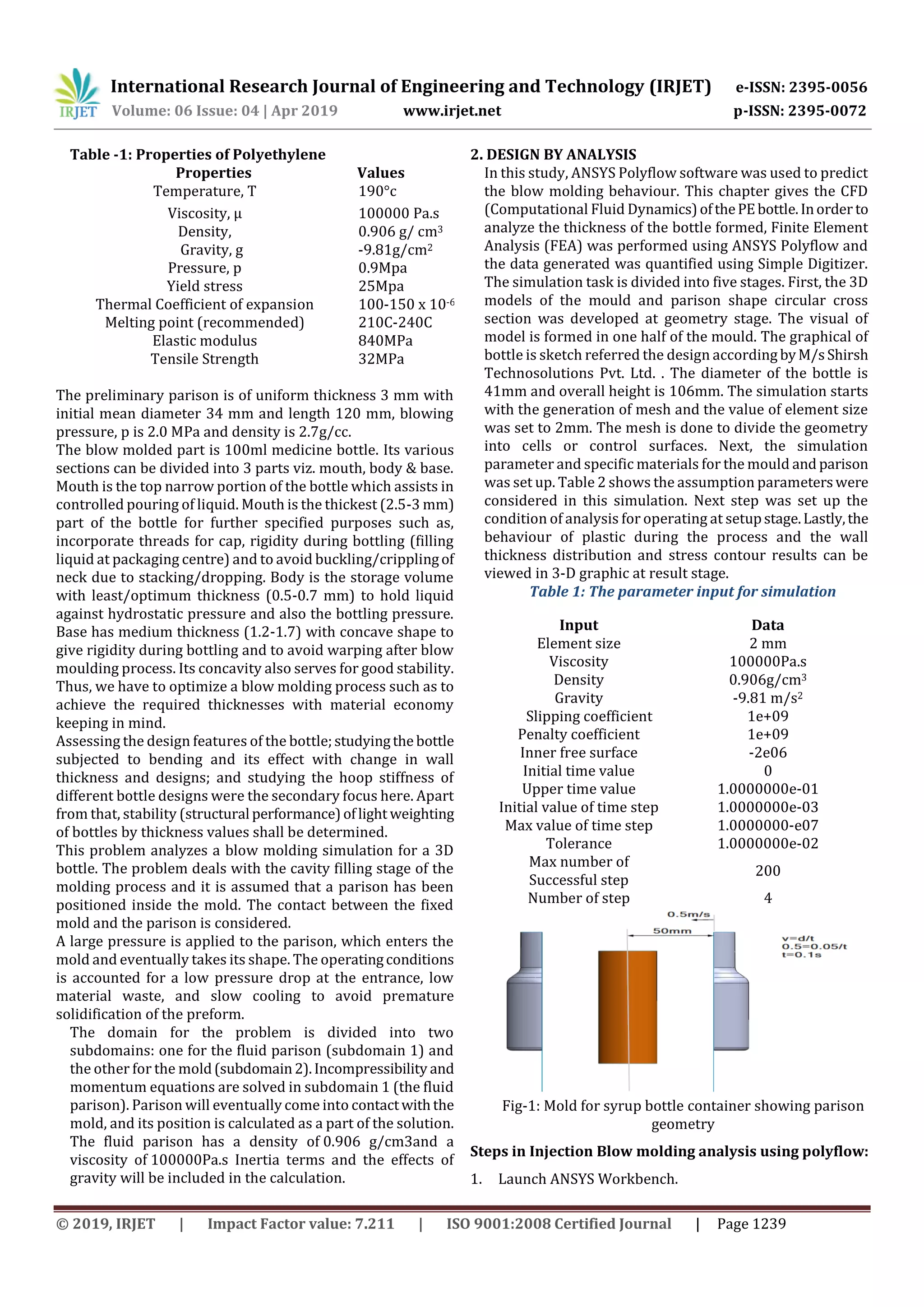IRJET- Simulation of Blow Molding of Polyethylene Bottle using Ansys Polyflow | PDF