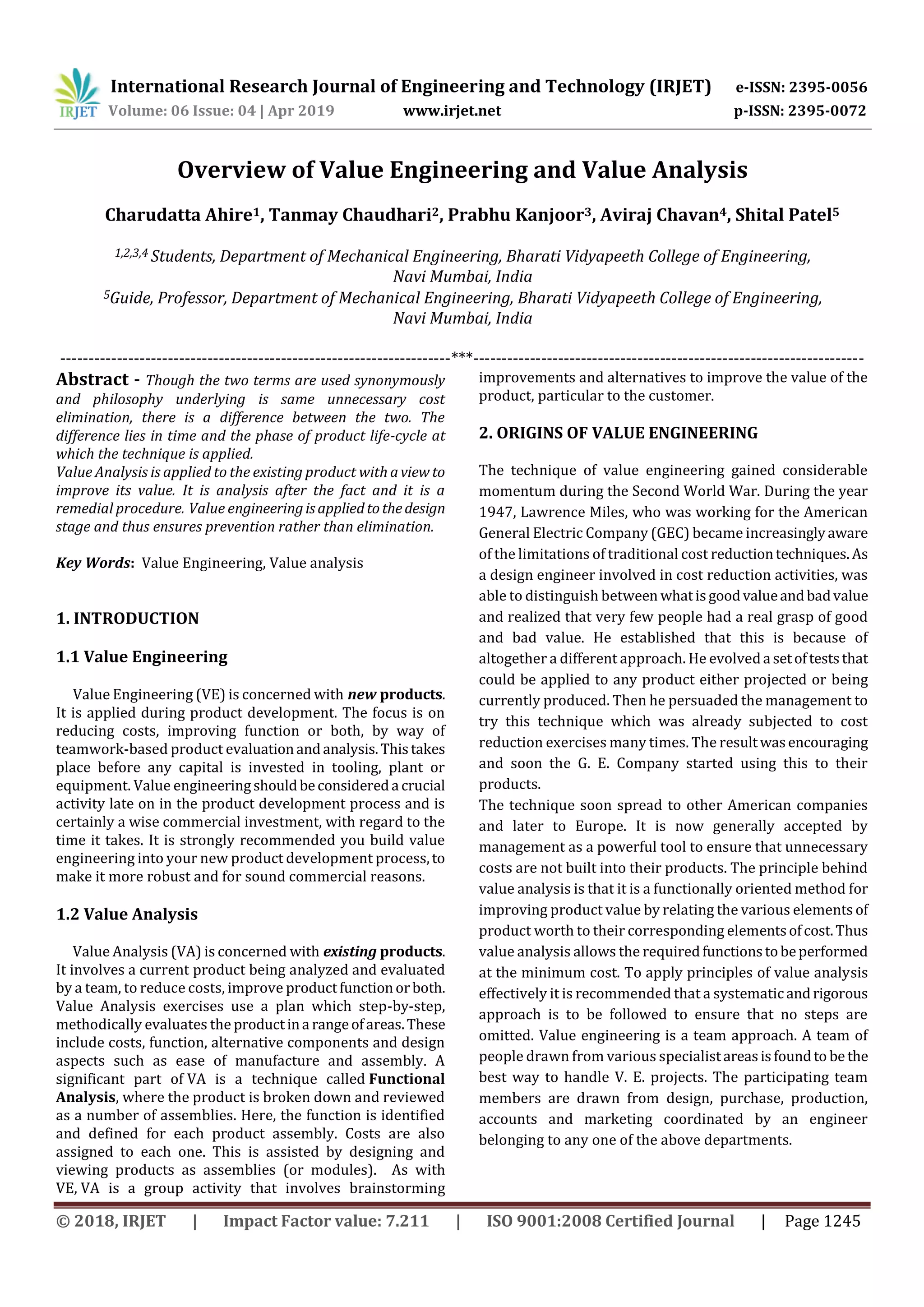 IRJET- Overview of Value Engineering and Value Analysis | PDF