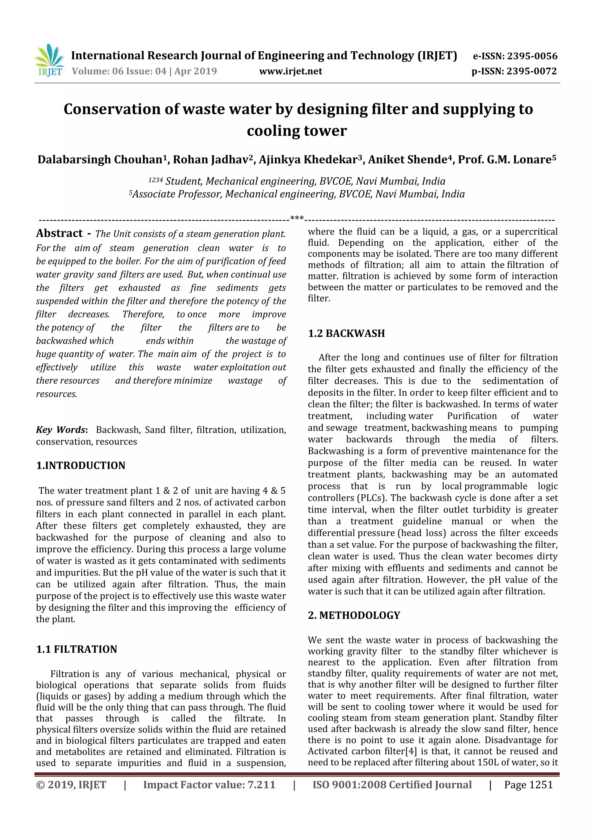 IRJET- Conservation of Waste Water by Designing Filter and Supplying to Cooling Tower | PDF