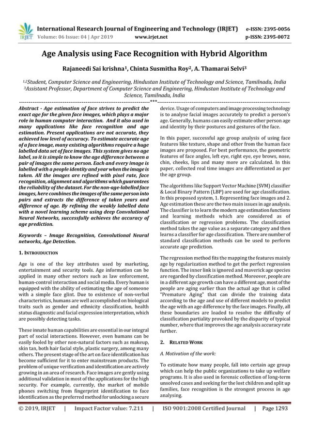 IRJET- Age Analysis using Face Recognition with Hybrid Algorithm | PDF