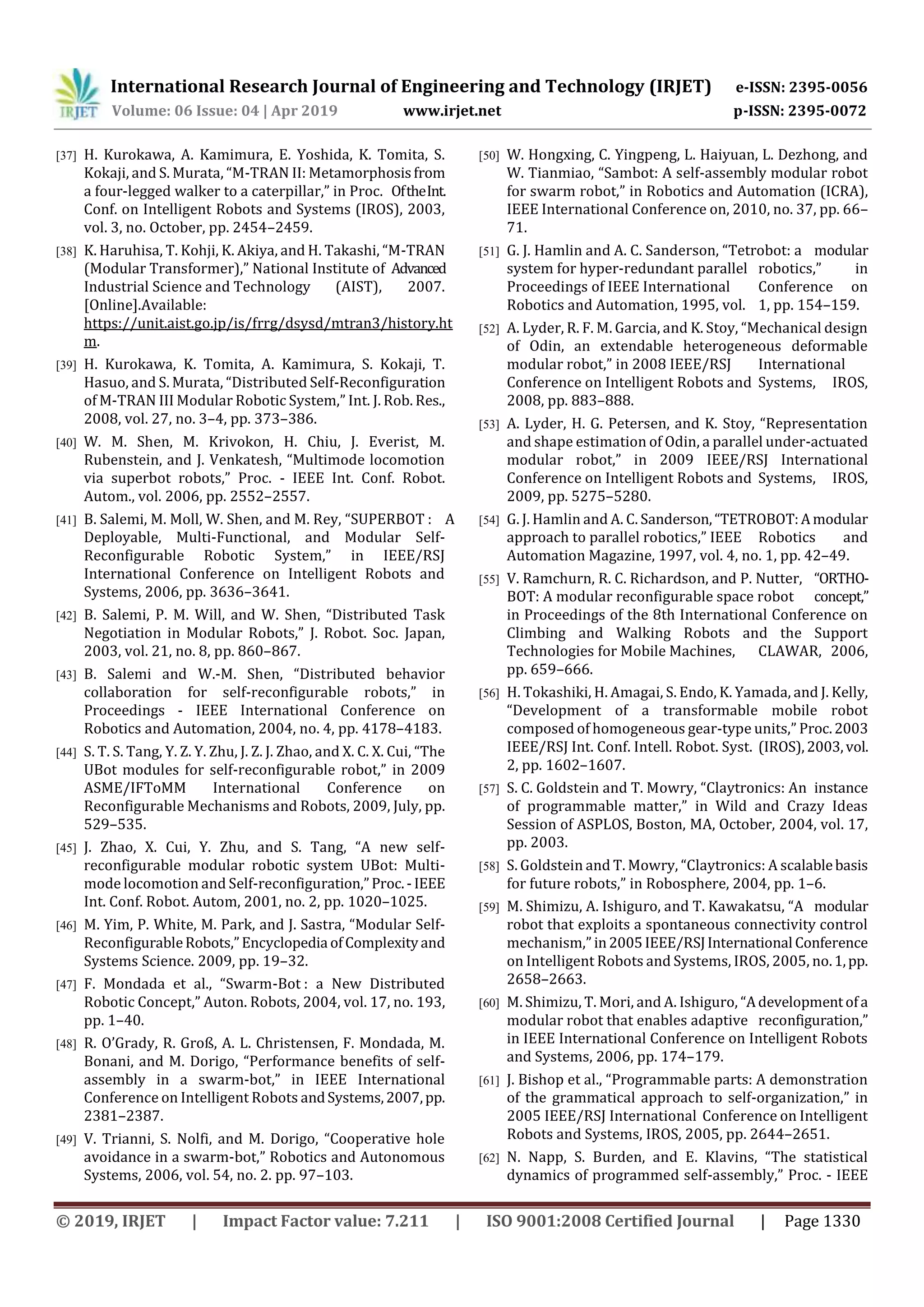 Irjet Comprehensive Review On Modular Self Reconfigurable Robot