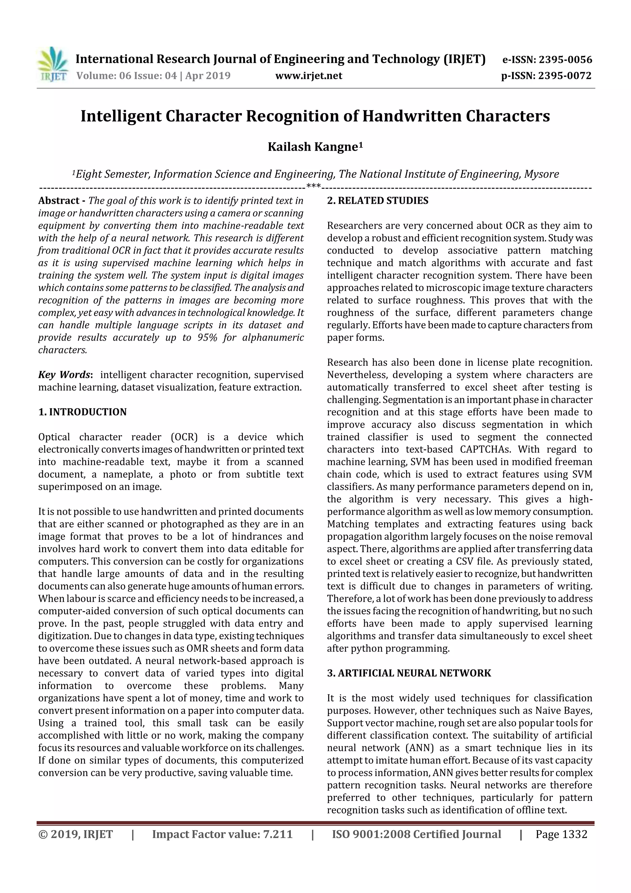 IRJET- Intelligent Character Recognition of Handwritten Characters | PDF