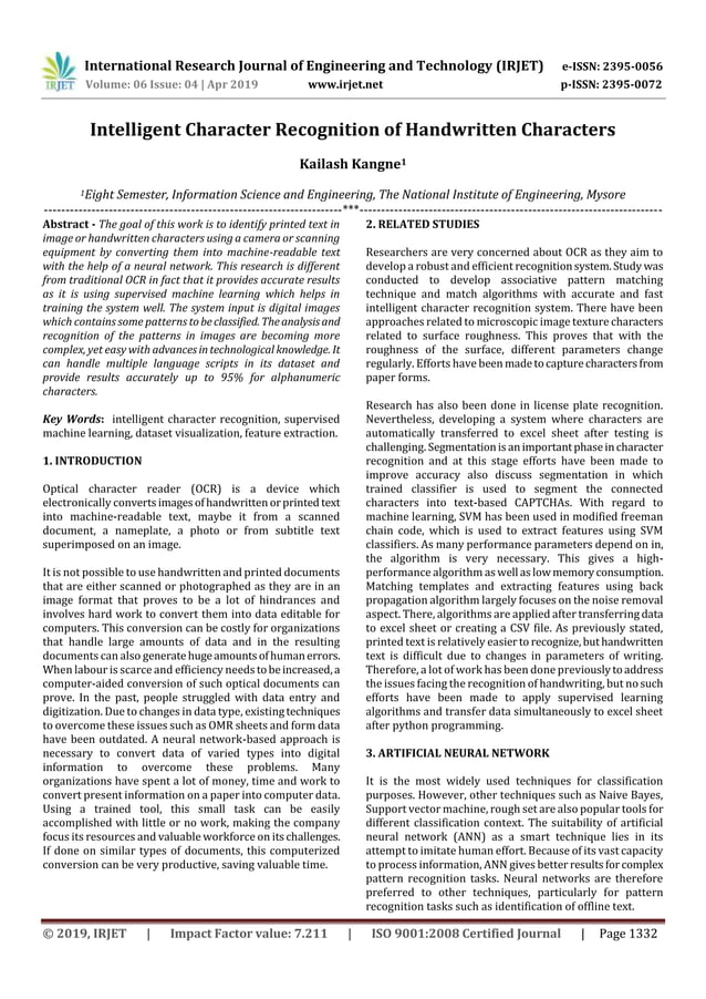 IRJET- Intelligent Character Recognition of Handwritten Characters | PDF