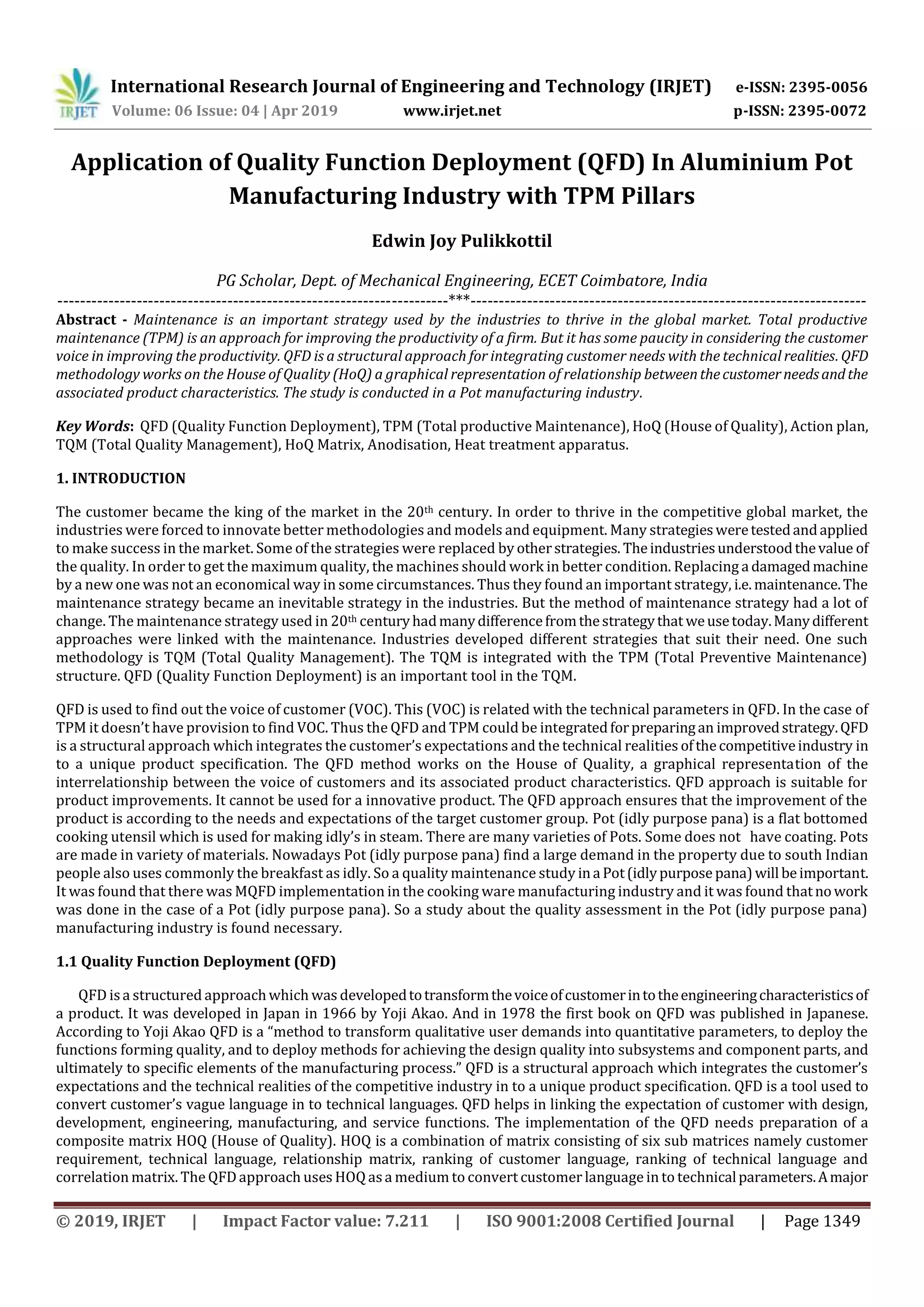IRJET- Application of Quality Function Deployment (QFD) in Aluminium Pot Manufacturing Industry ...