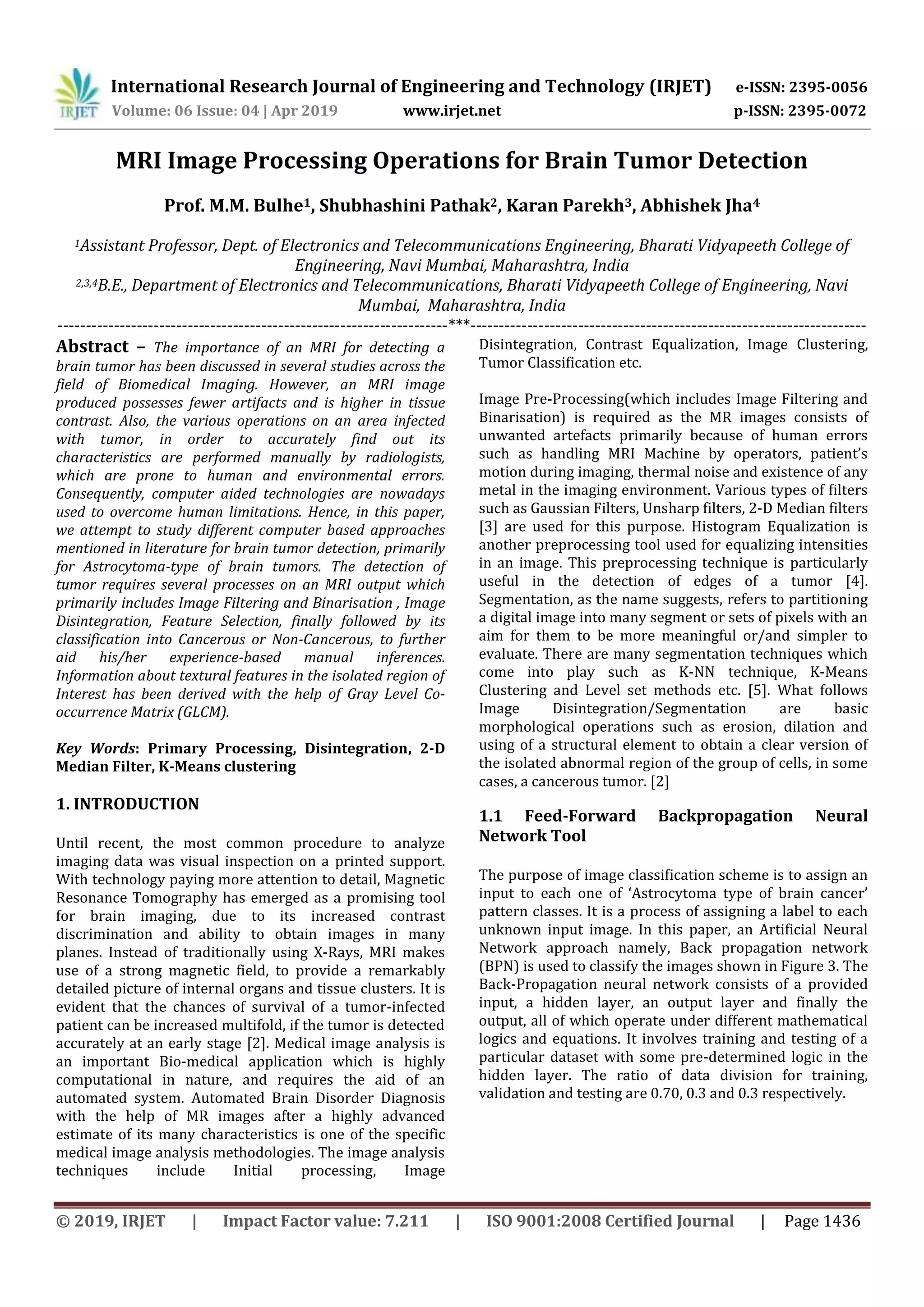 IRJET- MRI Image Processing Operations for Brain Tumor Detection | PDF