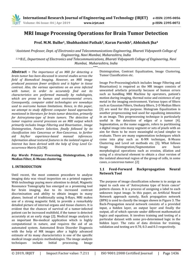 Irjet Mri Image Processing Operations For Brain Tumor Detection Pdf