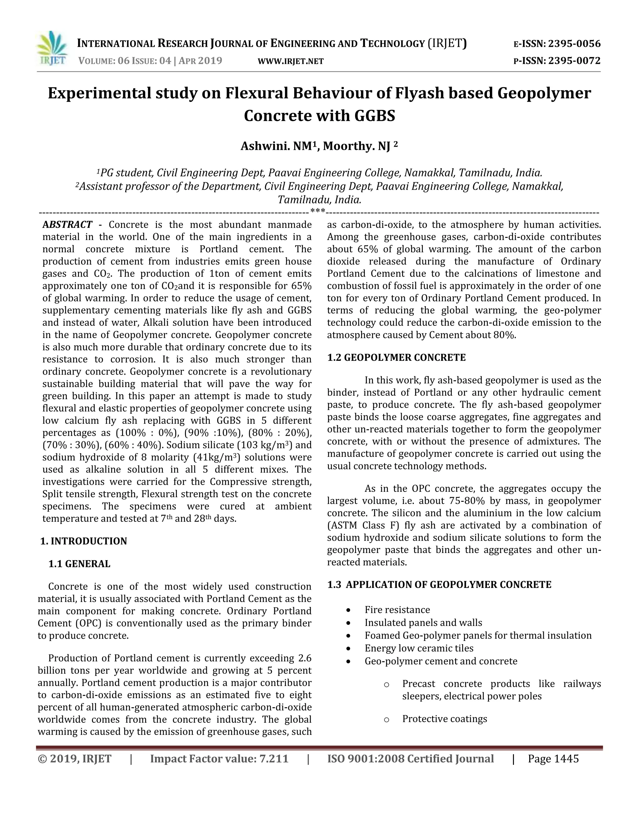 IRJET- Experimental Study on Flexural Behaviour of Flyash based Geopolymer Concrete with GGBS ...