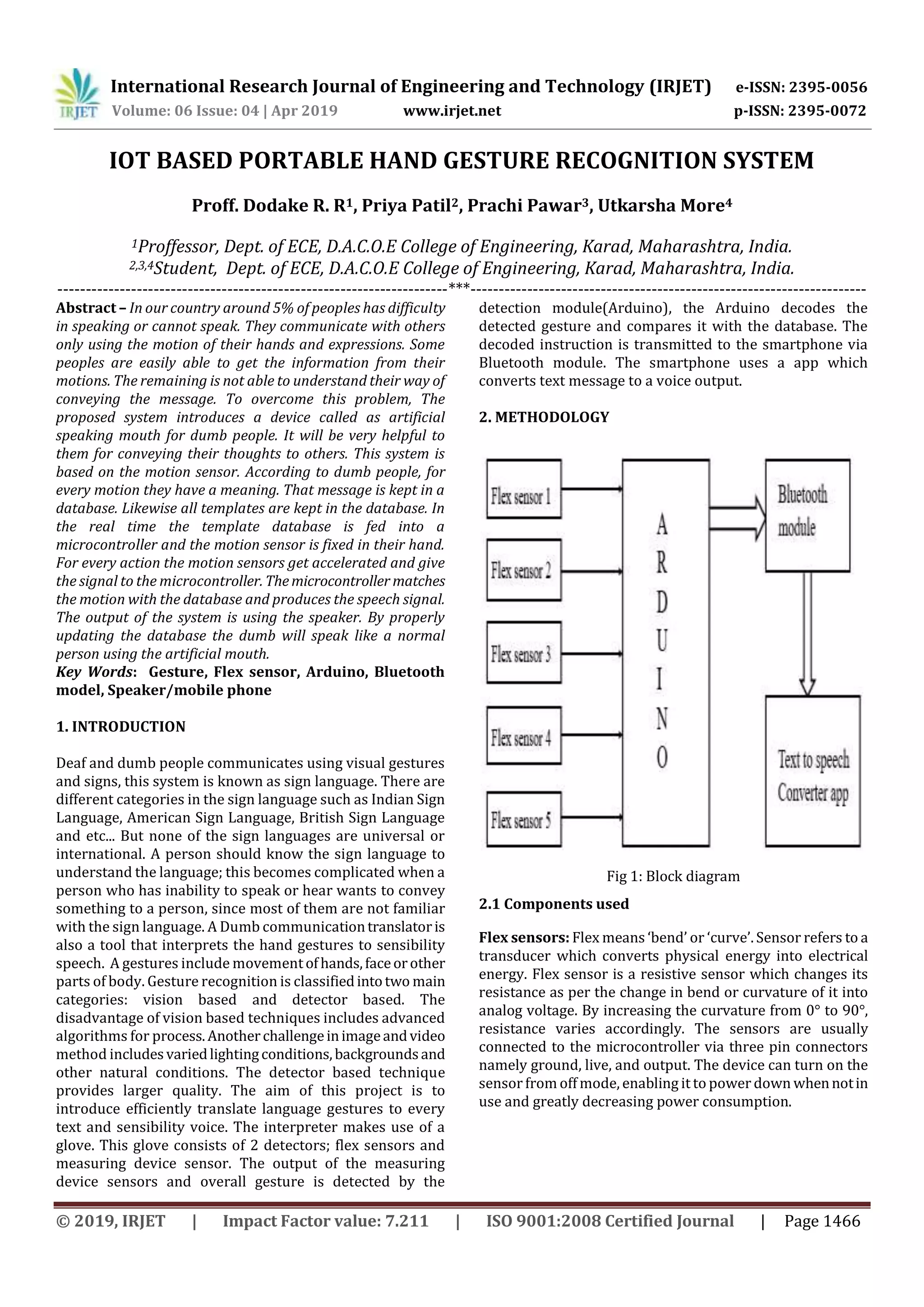 IRJET- IoT based Portable Hand Gesture Recognition System | PDF