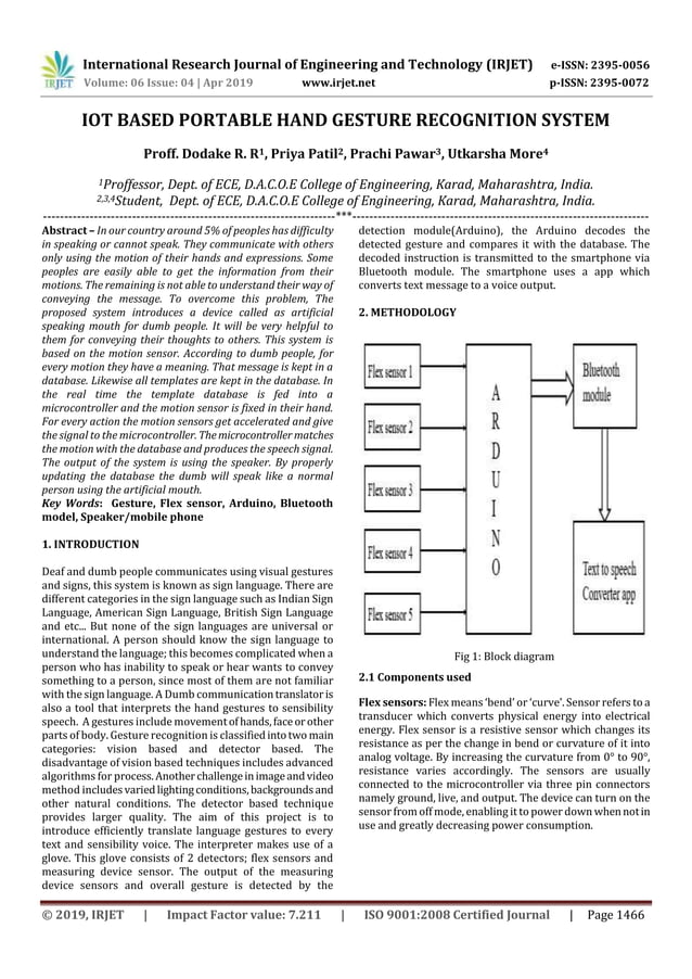 IRJET- IoT based Portable Hand Gesture Recognition System | PDF