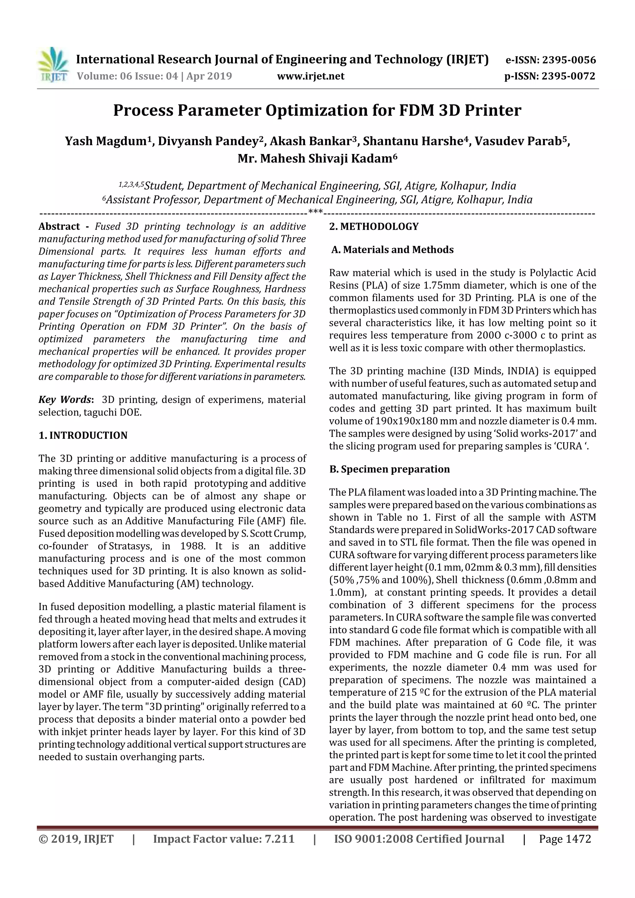 IRJET- Process Parameter Optimization for FDM 3D Printer | PDF