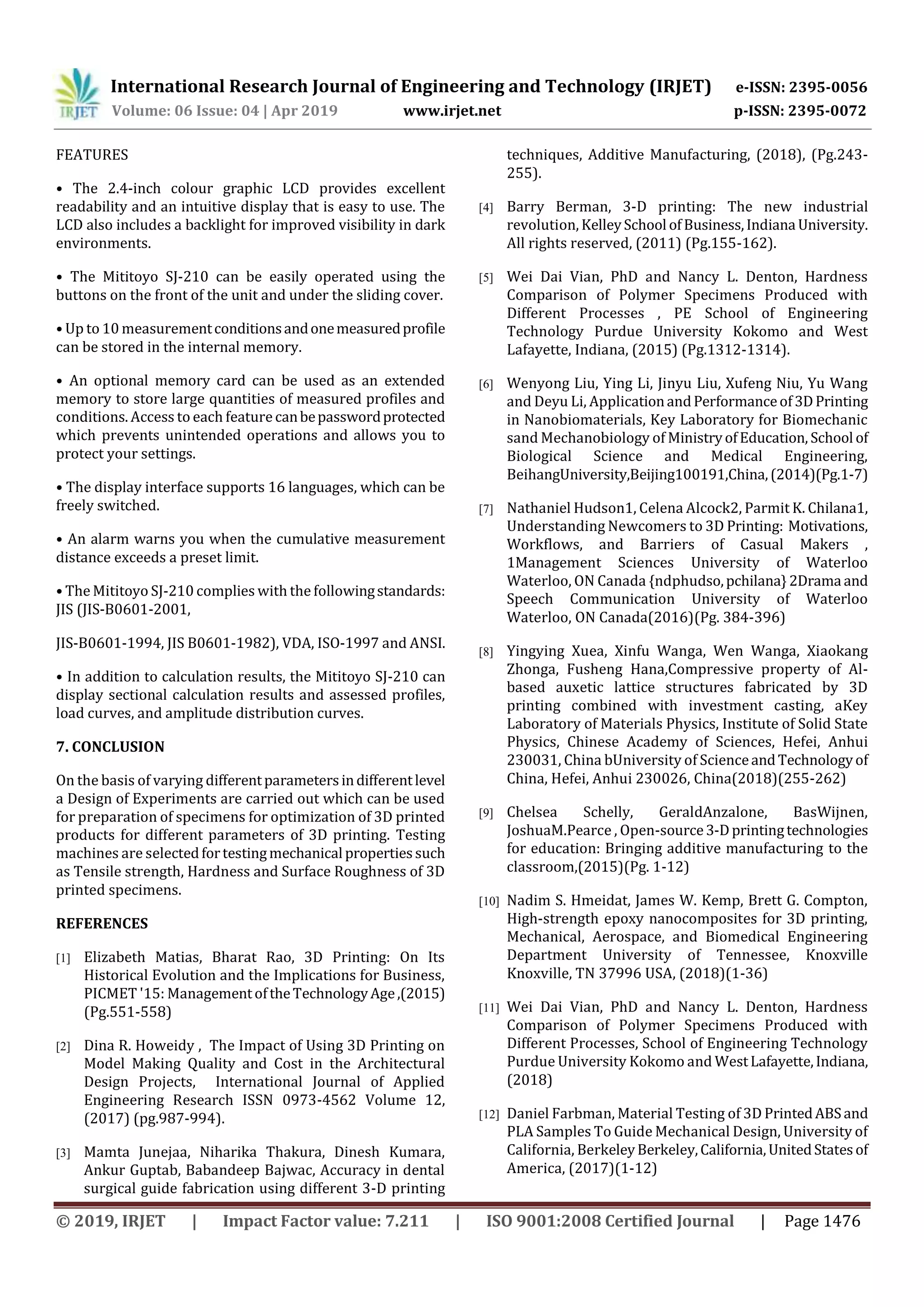 IRJET- Process Parameter Optimization for FDM 3D Printer | PDF