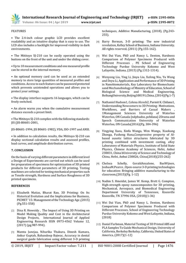 IRJET- Process Parameter Optimization for FDM 3D Printer | PDF