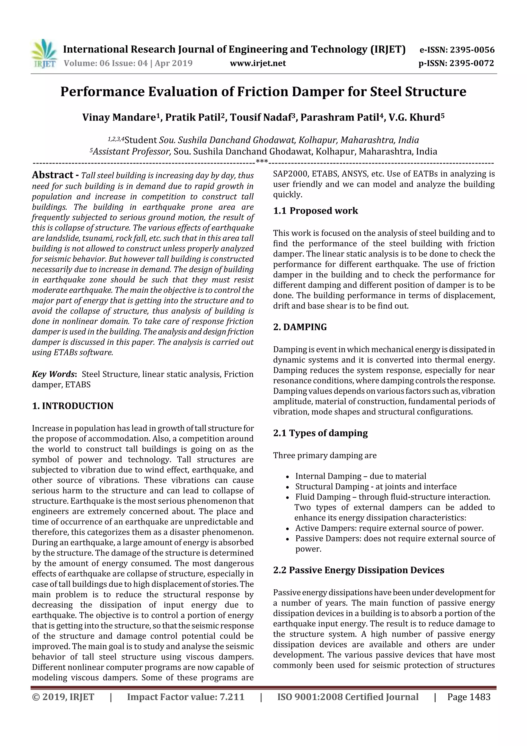IRJET- Performance Evaluation of Friction Damper for Steel Structure | PDF