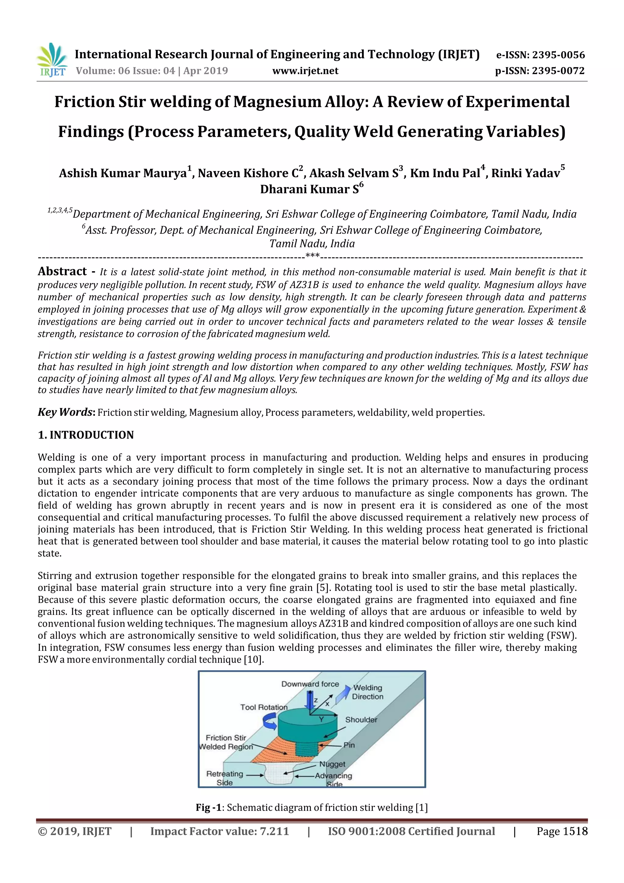 IRJET- Friction Stir Welding of Magnesium Alloy: A Review of Experimental Findings (Process ...