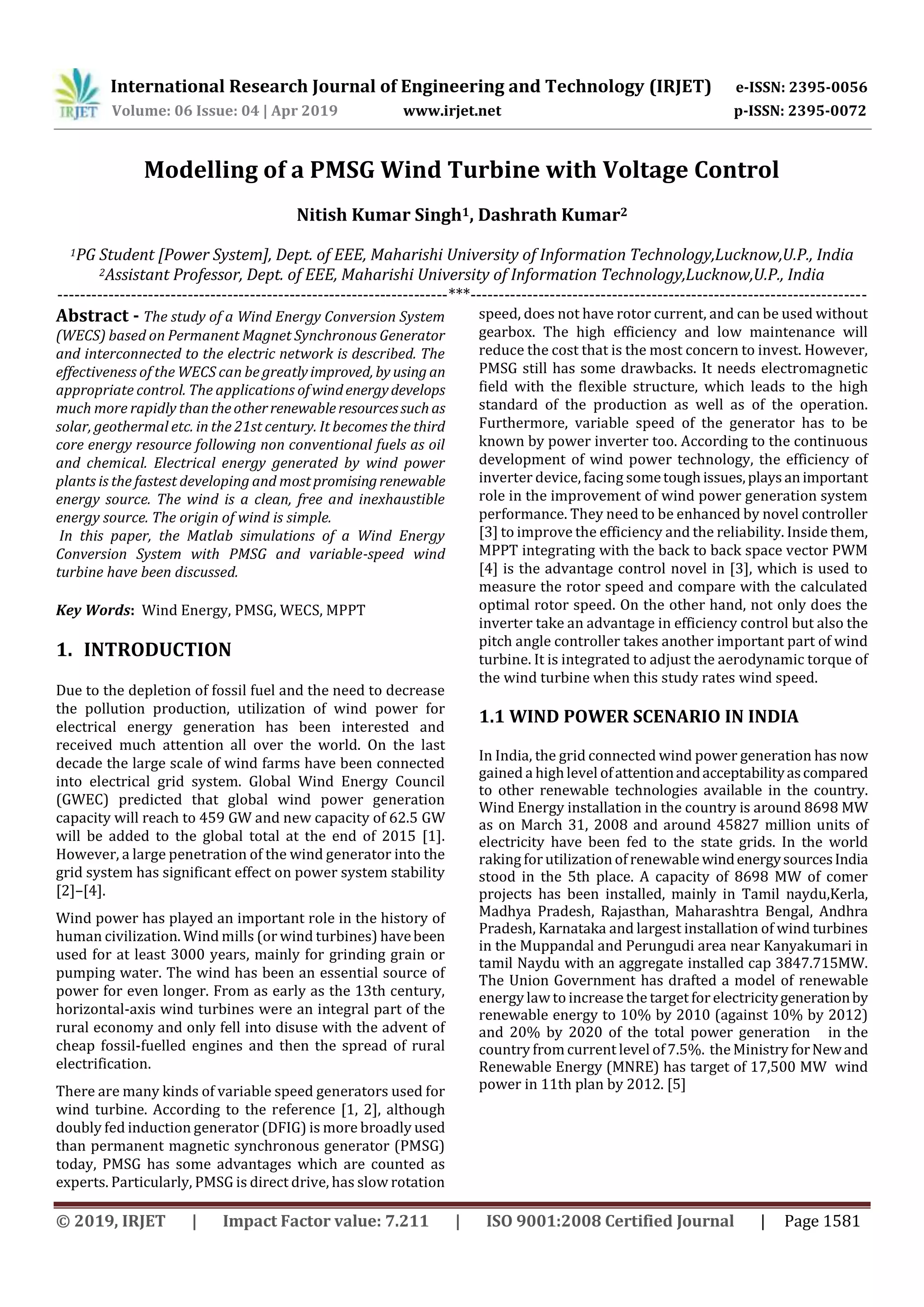 IRJET- Modelling of a PMSG Wind Turbine with Voltage Control | PDF | Power and Energy Industry ...