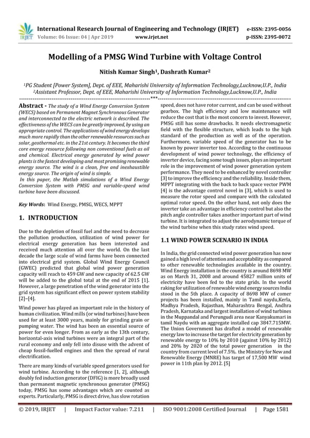 IRJET- Modelling of a PMSG Wind Turbine with Voltage Control | PDF | Power and Energy Industry ...