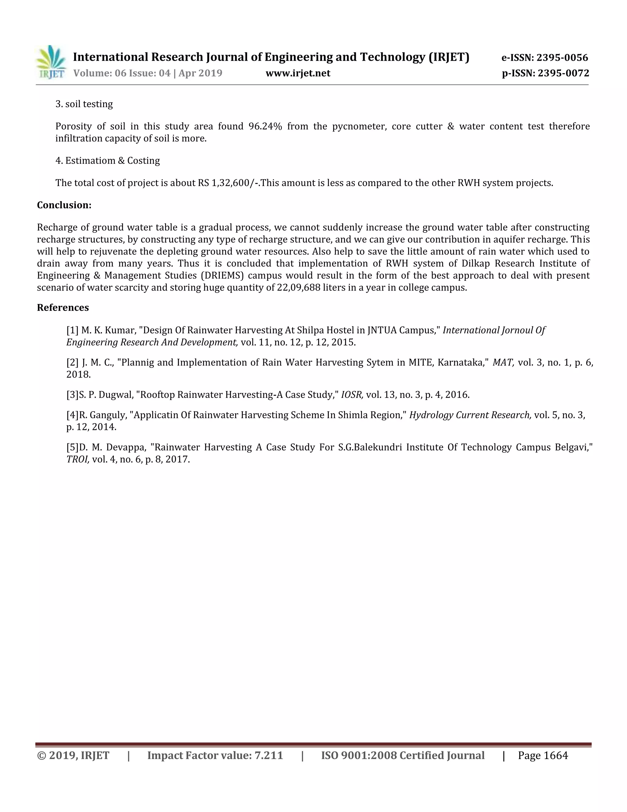 IRJET- Implementation of Rainwater Harvesting System in Dilkap College Campus | PDF