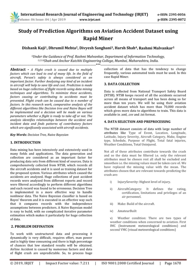 IRJET- Study of Prediction Algorithms on Aviation Accident Dataset using Rapid Miner | PDF