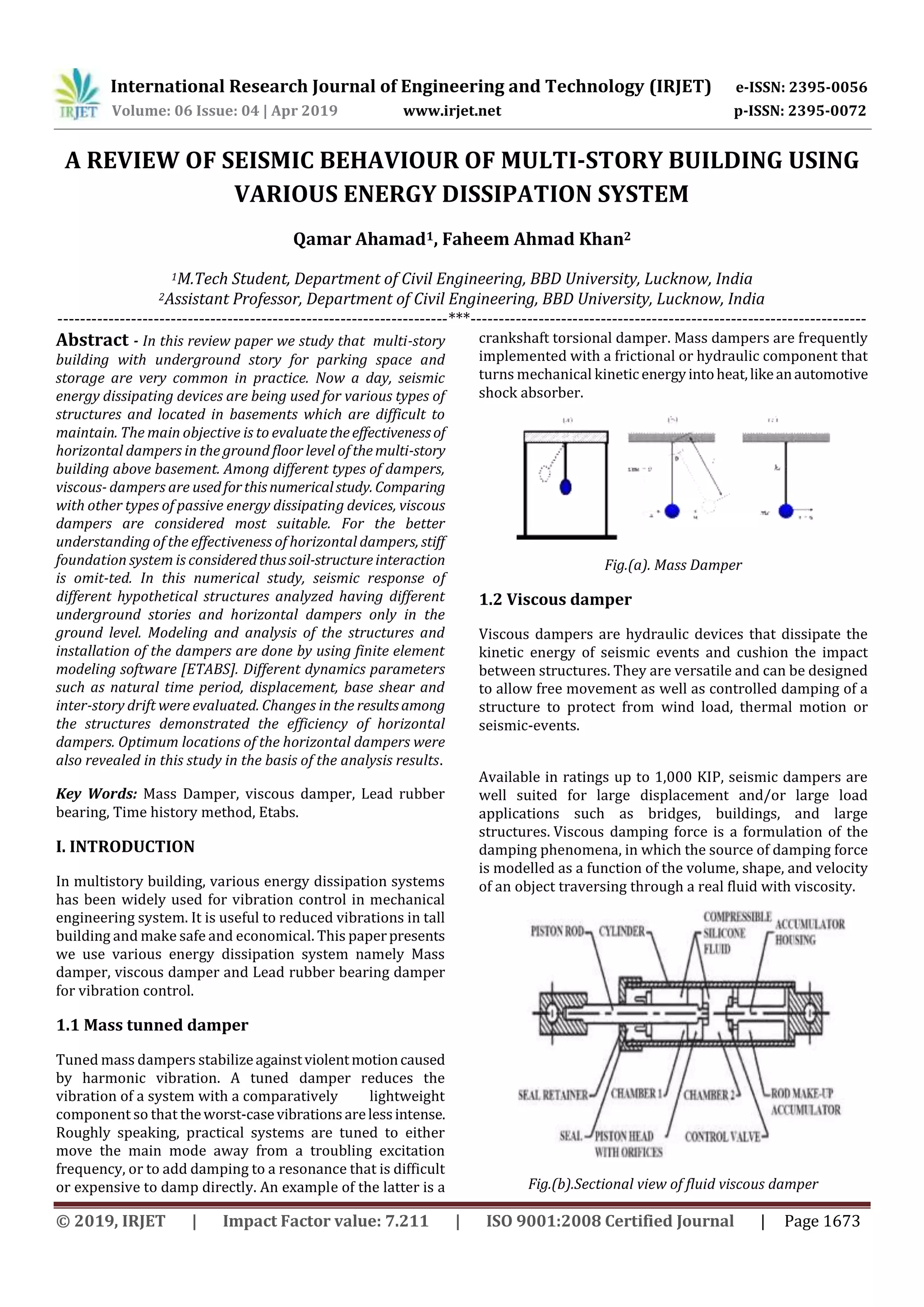 IRJET- A Review of Seismic Behaviour of Multi-Story Building using various Energy Dissipation ...