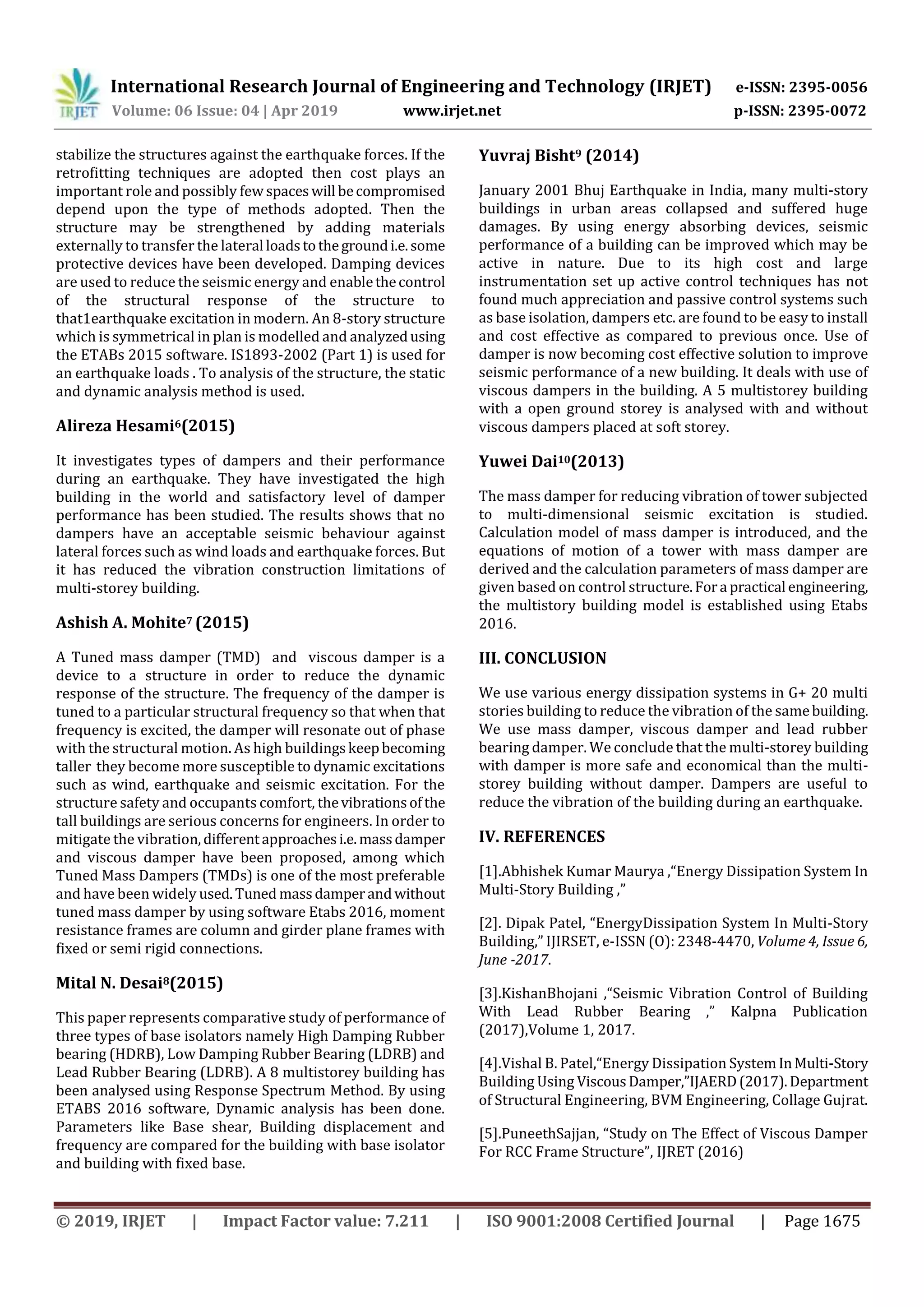IRJET- A Review of Seismic Behaviour of Multi-Story Building using various Energy Dissipation ...