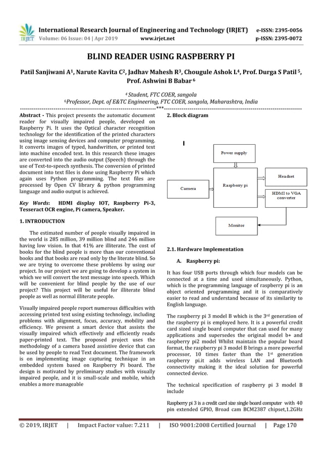 IRJET- Blind Reader Using Raspberry Pi | PDF