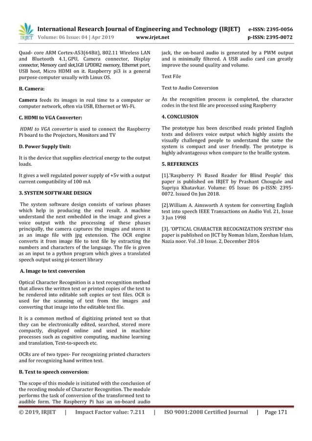 IRJET- Blind Reader Using Raspberry Pi | PDF
