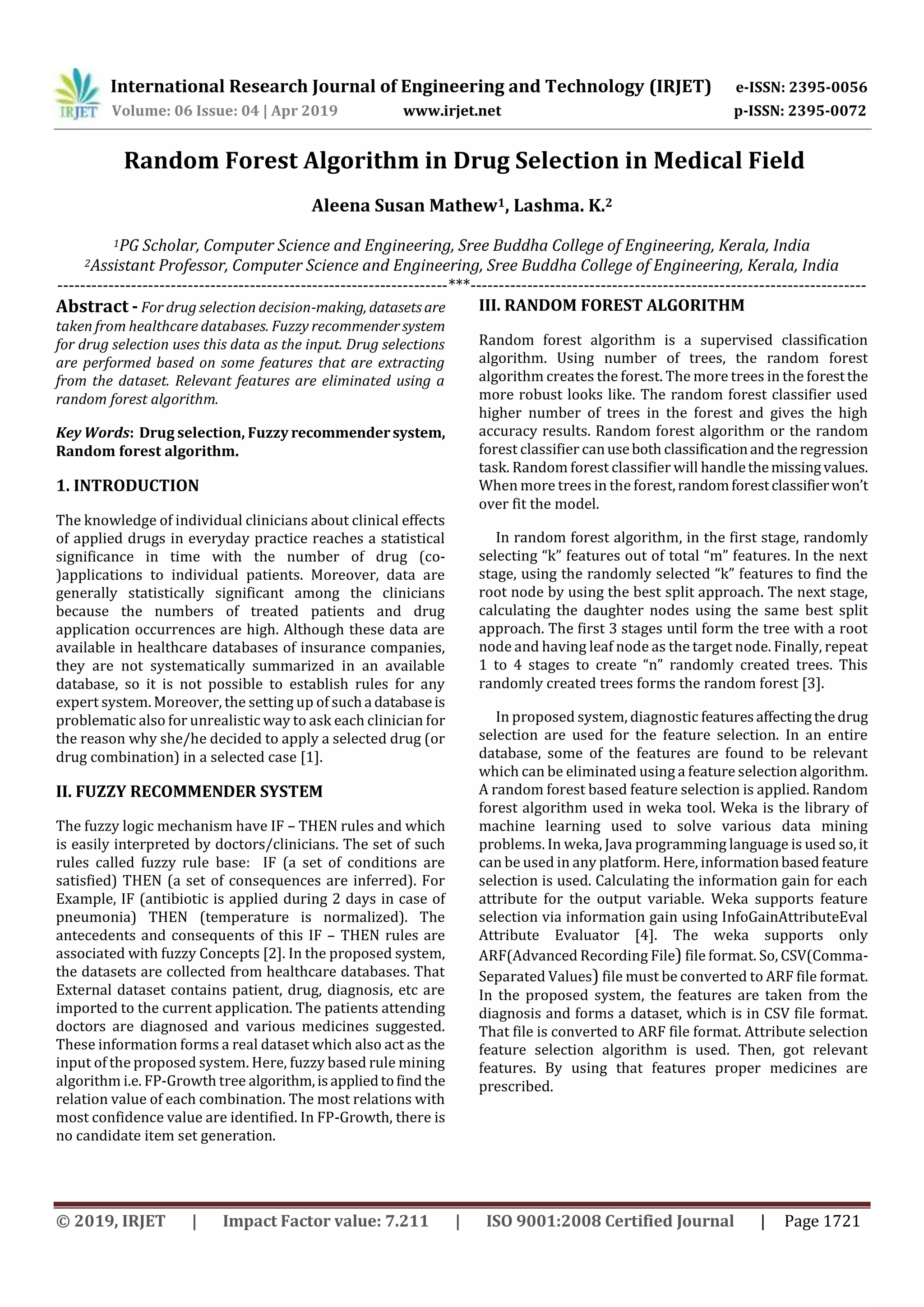 IRJET- Random Forest Algorithm in Drug Selection in Medical Field | PDF