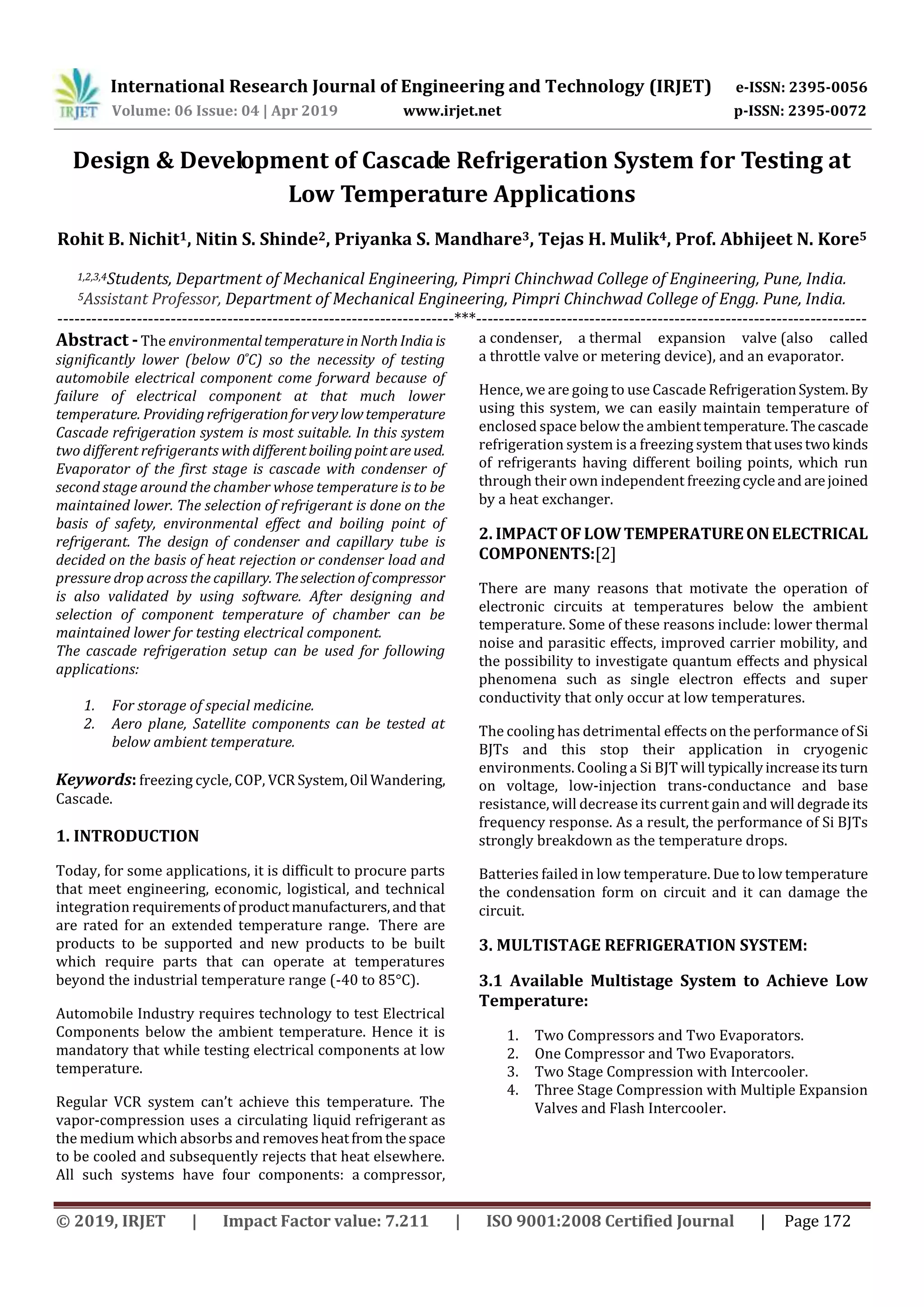 IRJET- Design & Development of Cascade Refrigeration System for Testing ...