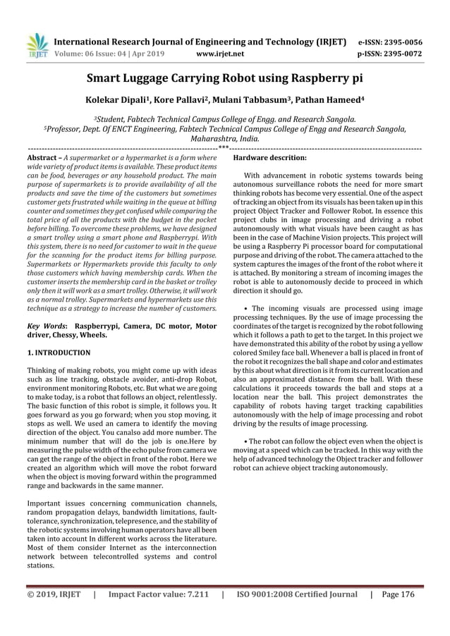 IRJET- Smart Luggage Carrying Robot Using Raspberry Pi | PDF