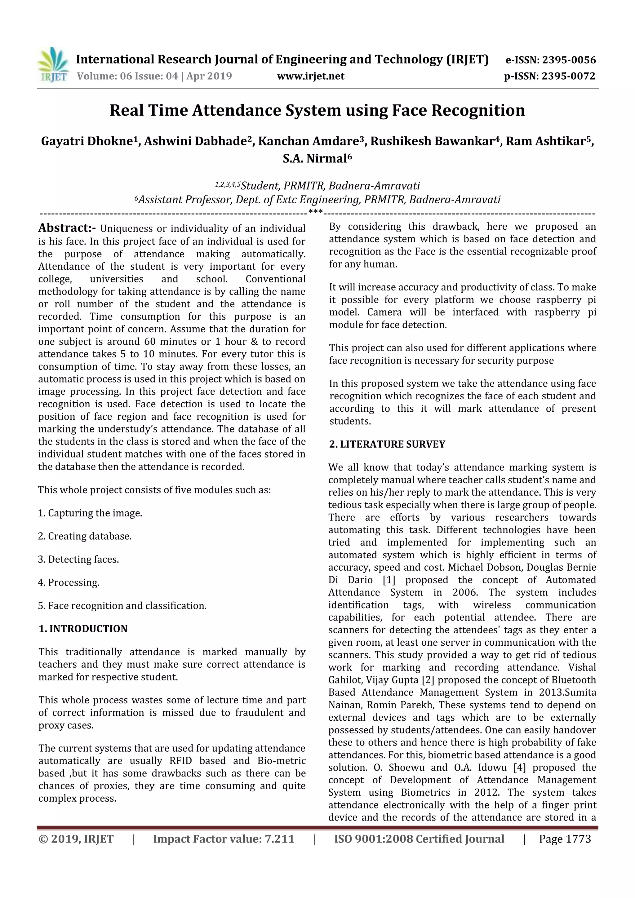 Irjet Real Time Attendance System Using Face Recognition Pdf