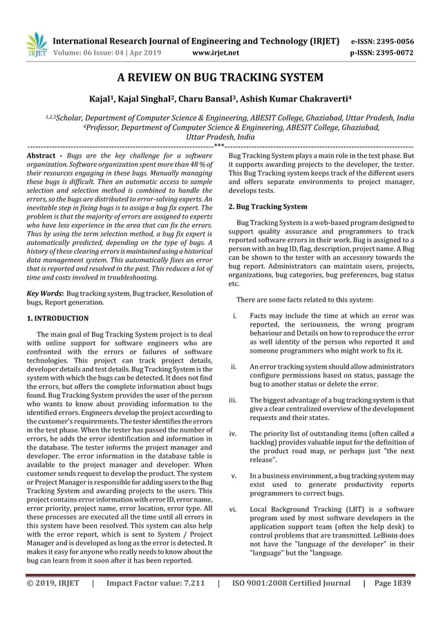 IRJET- A Review on Bug Tracking System | PDF
