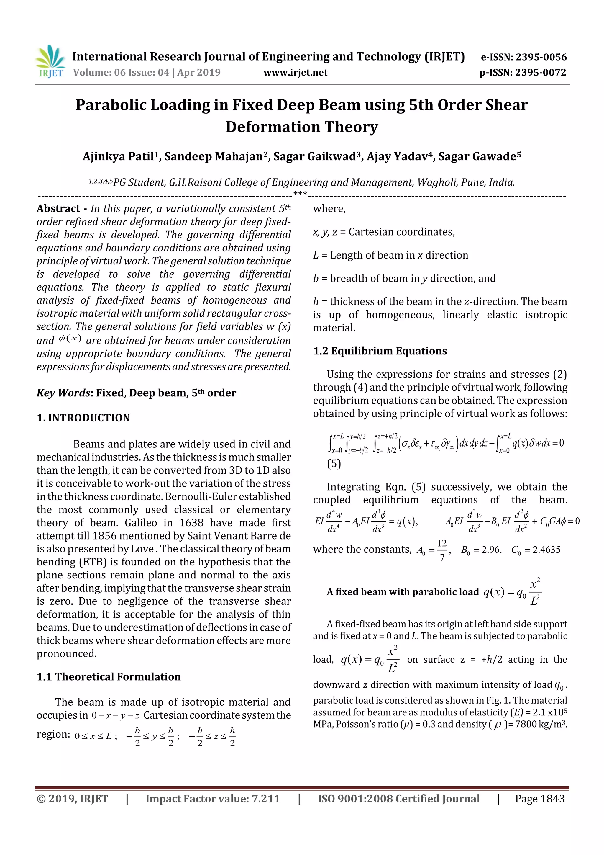IRJET- Parabolic Loading in Fixed Deep Beam using 5th Order Shear Deformation Theory | PDF