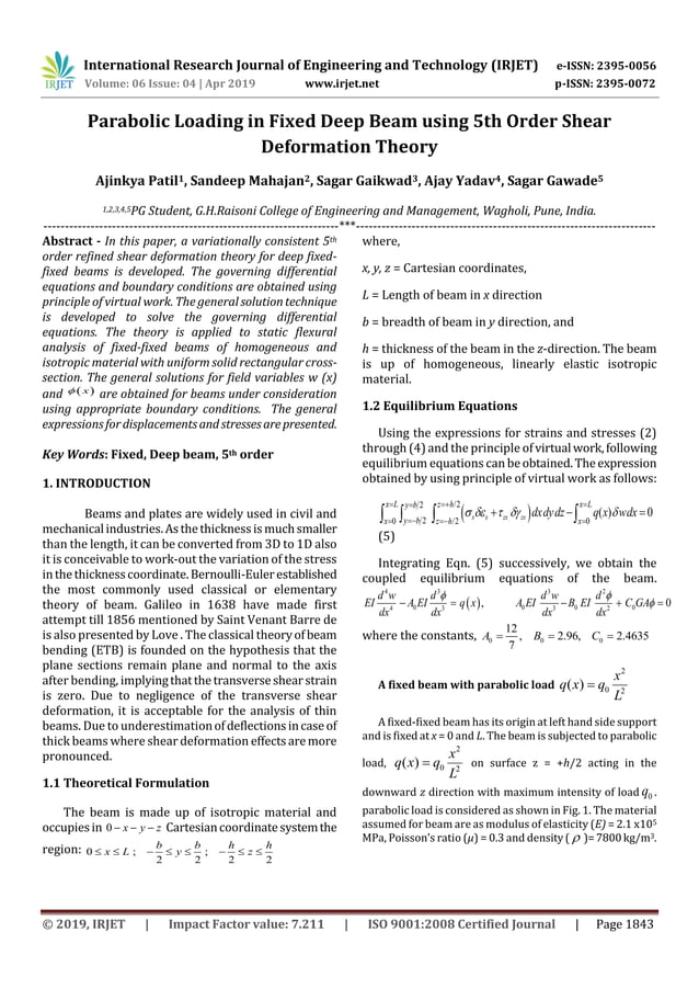 IRJET- Parabolic Loading in Fixed Deep Beam using 5th Order Shear ...