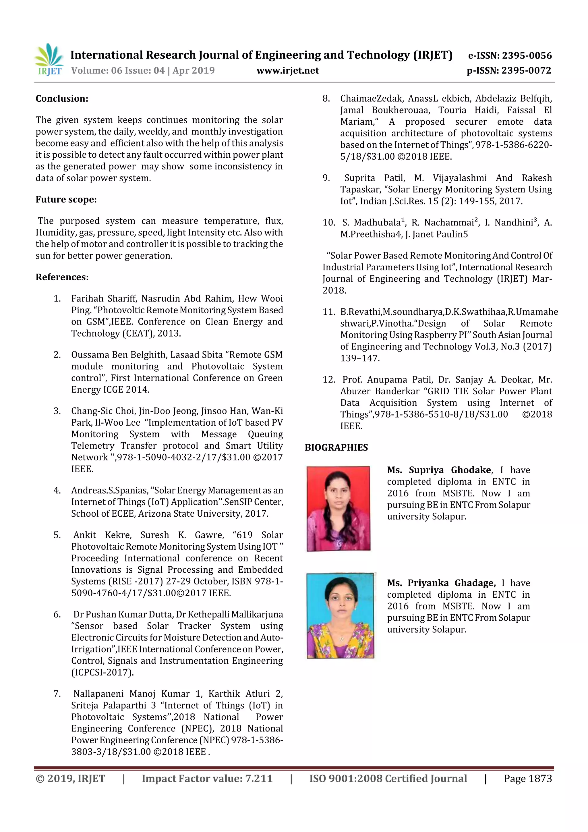 IRJET- Remotely Monitoring Health of the Solar Power System using Arduino | PDF