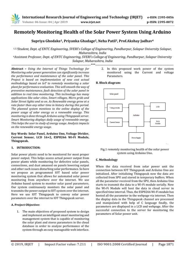 IRJET- Remotely Monitoring Health of the Solar Power System using Arduino | PDF | Internet of ...