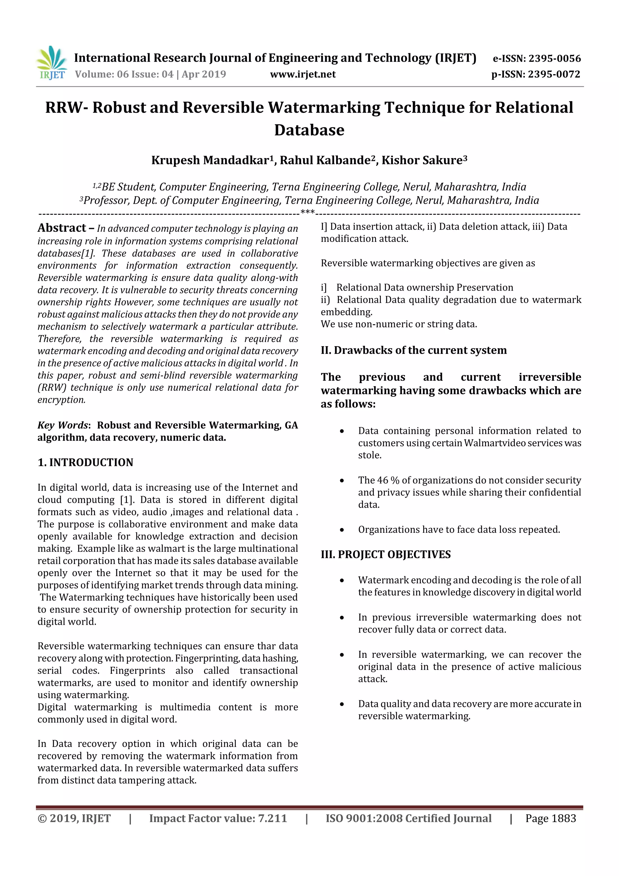 IRJET-RRW- Robust and Reversible Watermarking Technique for Relational Database | PDF
