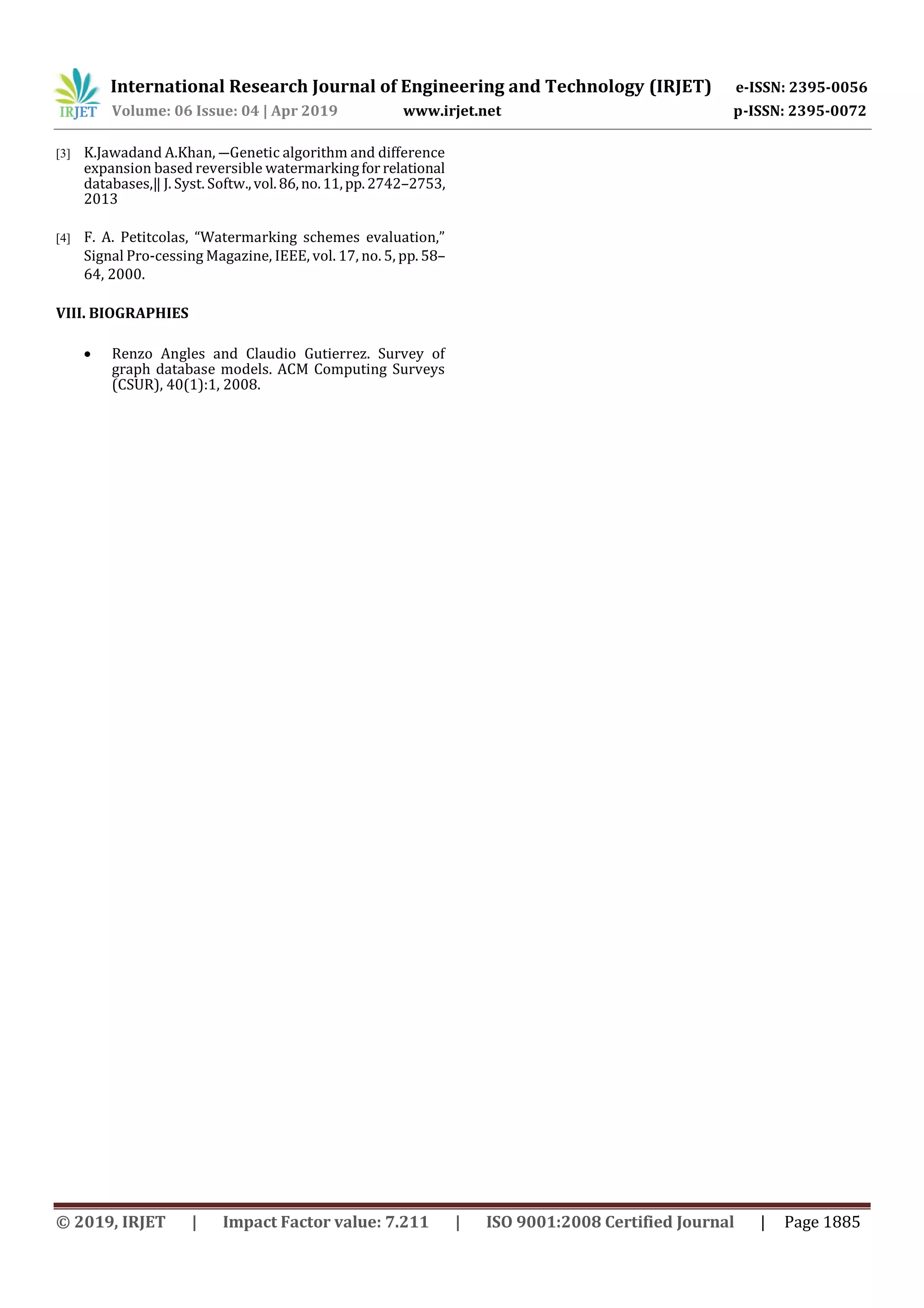 Irjet Rrw Robust And Reversible Watermarking Technique For Relational Database Pdf