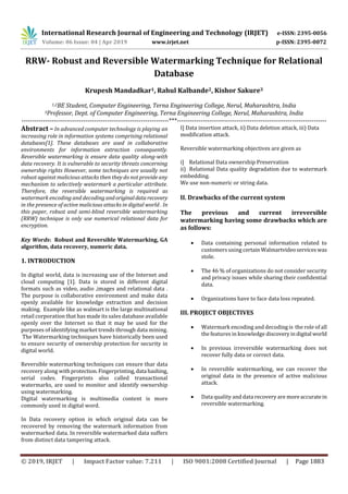 IRJET-RRW- Robust and Reversible Watermarking Technique for Relational ...