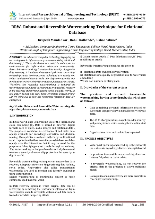 IRJET-RRW- Robust and Reversible Watermarking Technique for Relational Database | PDF