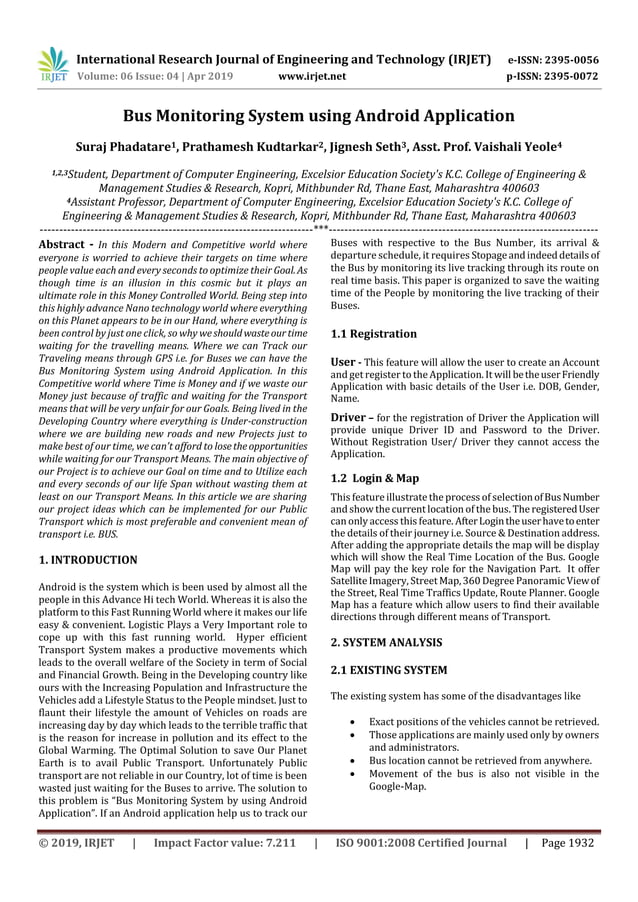 IRJET- Bus Monitoring System using Android Application | PDF | Operating Systems | Computer ...