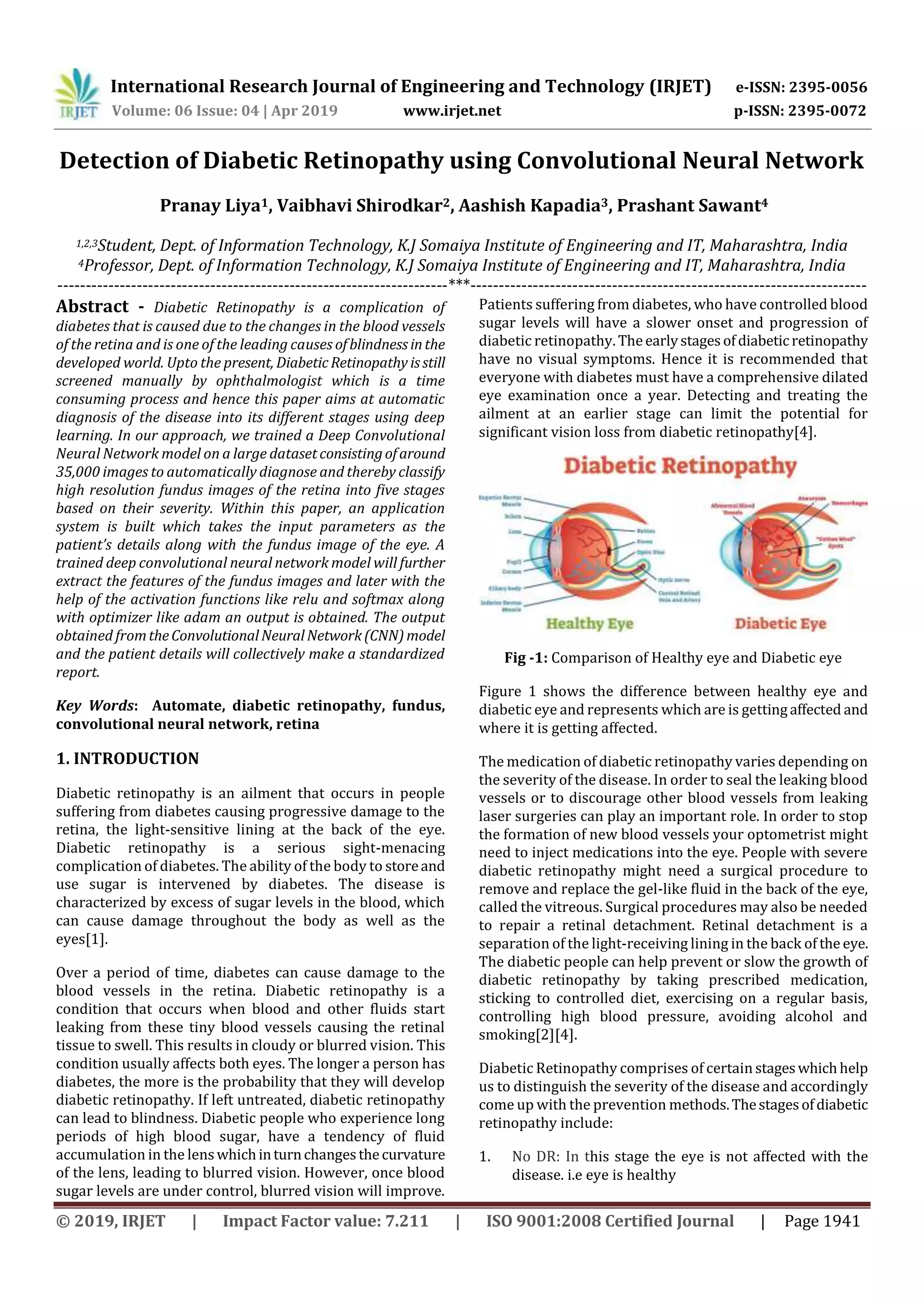 Irjet Detection Of Diabetic Retinopathy Using Convolutional Neural