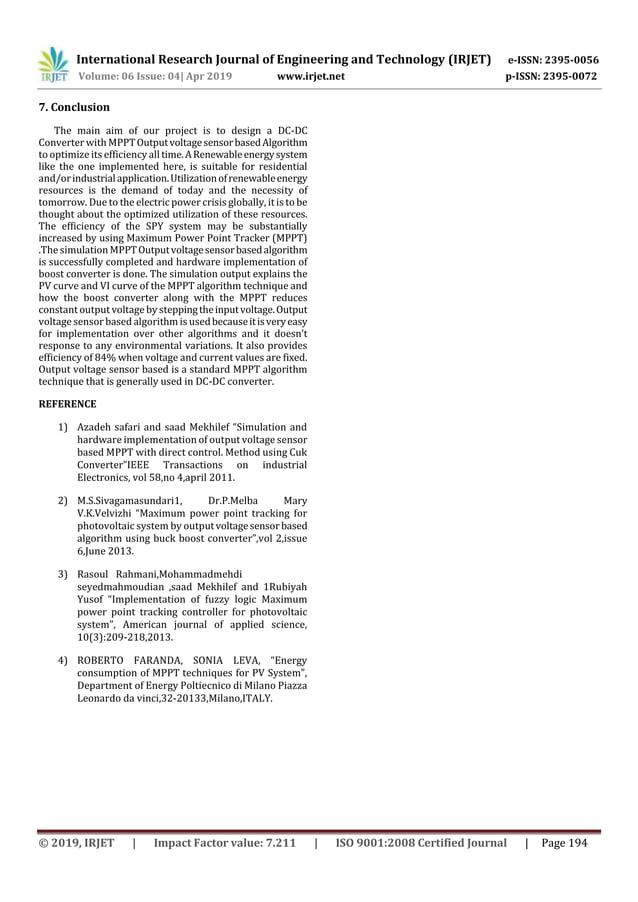 IRJET- Design and Implementaion of DC-DC Boost Converter using Output Voltage Sensor based ...