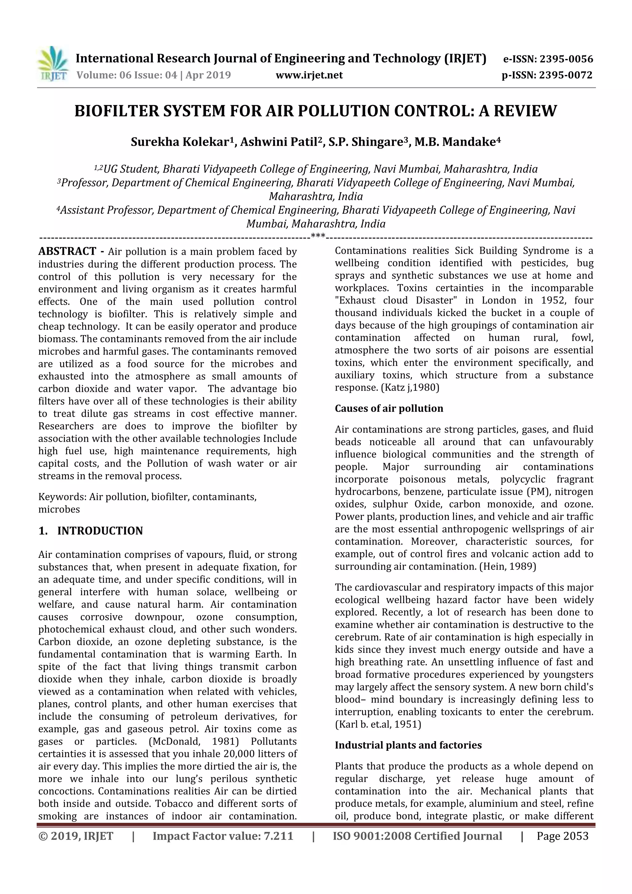 IRJET- Biofilter System for Air Pollution Control: A Review | PDF