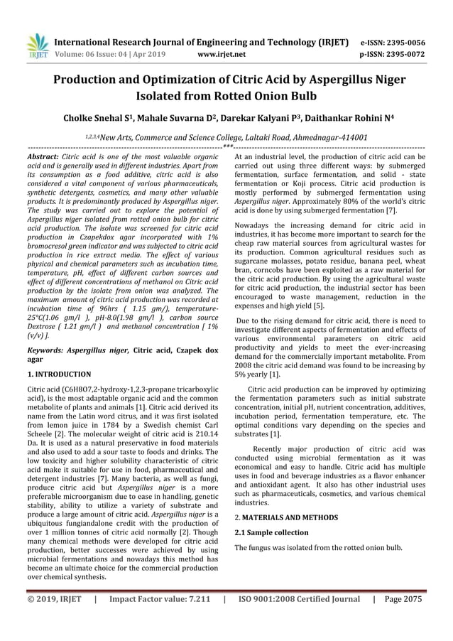 IRJET- Production and Optimization of Citric Acid by Aspergillus Niger ...