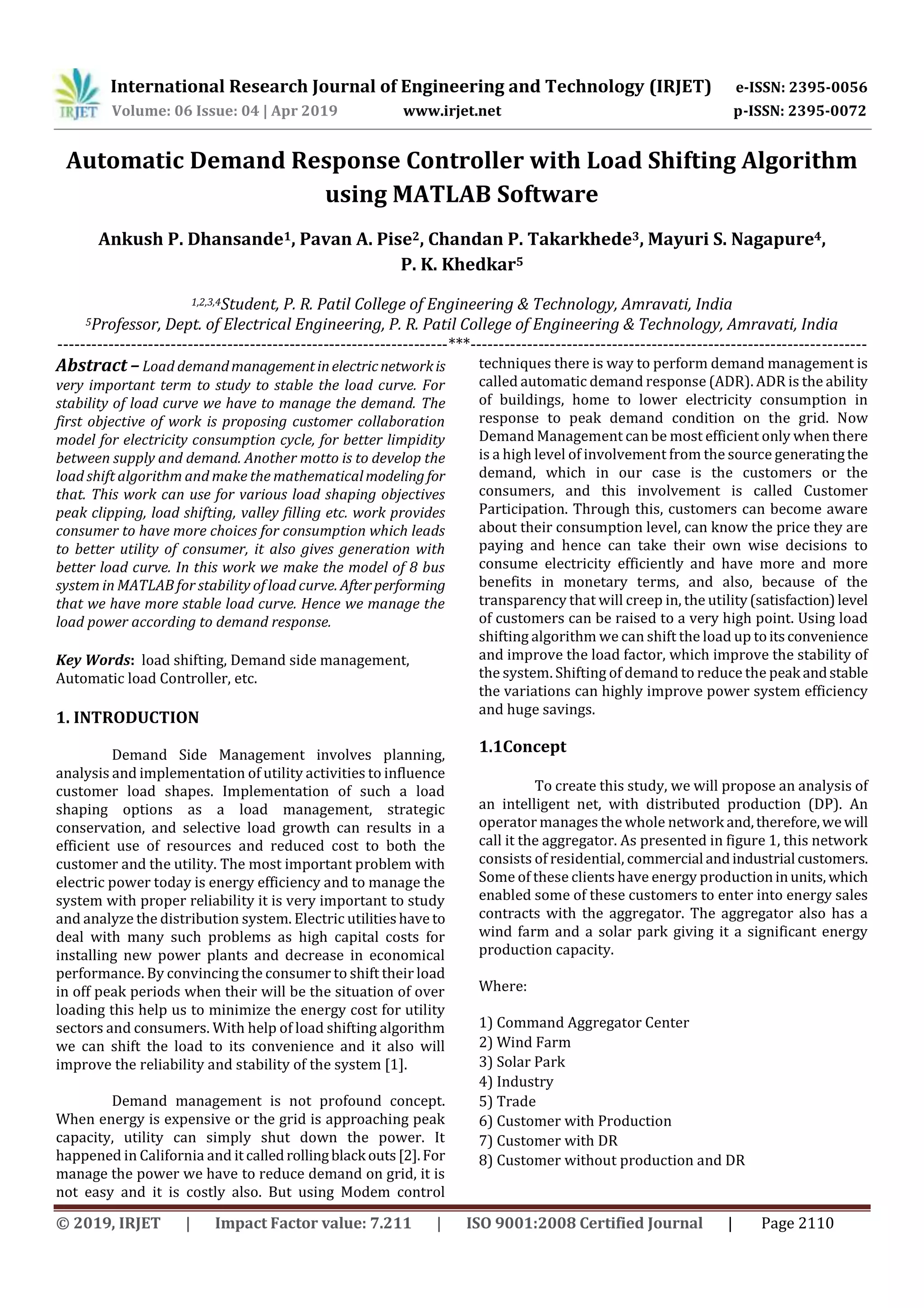 IRJET- Automatic Demand Response Controller with Load Shifting Algorithm using MATLAB Software | PDF