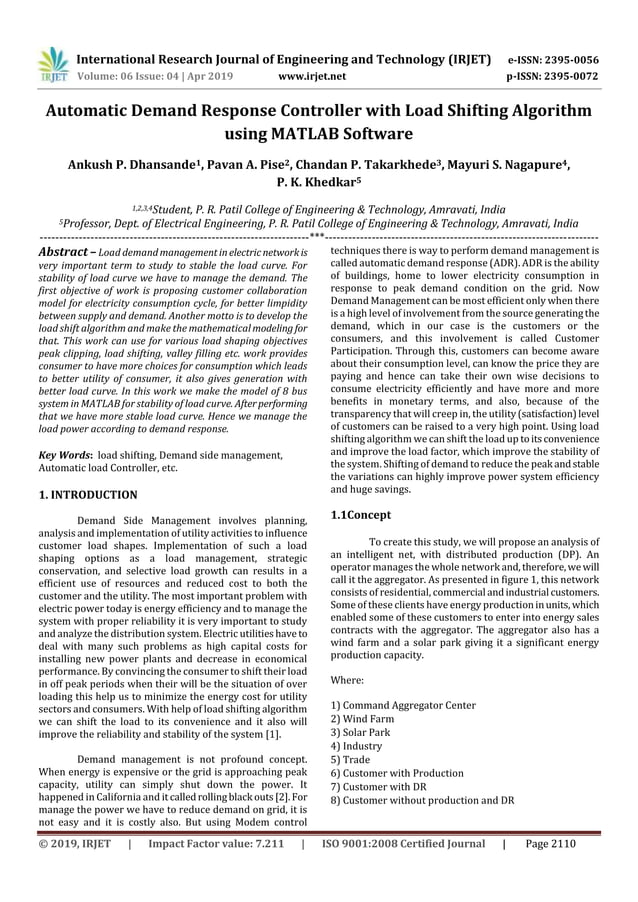 IRJET- Automatic Demand Response Controller with Load Shifting Algorithm using MATLAB Software | PDF