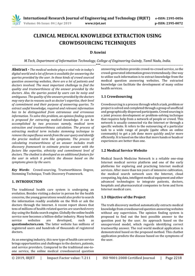 IRJET- Clinical Medical Knowledge Extraction using Crowdsourcing Techniques | PDF