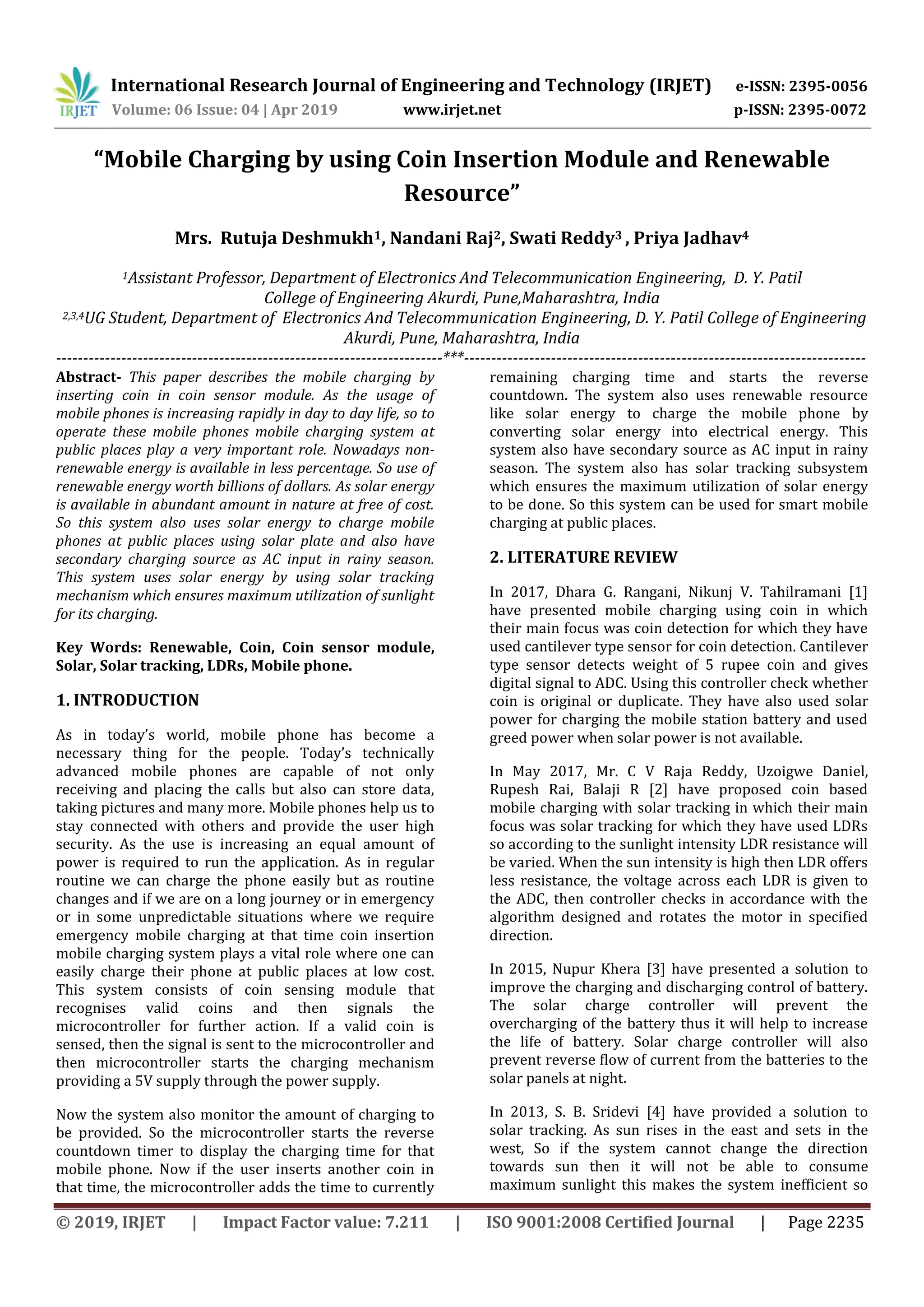 IRJET- Mobile Charging by using Coin Insertion Module and Renewable ...