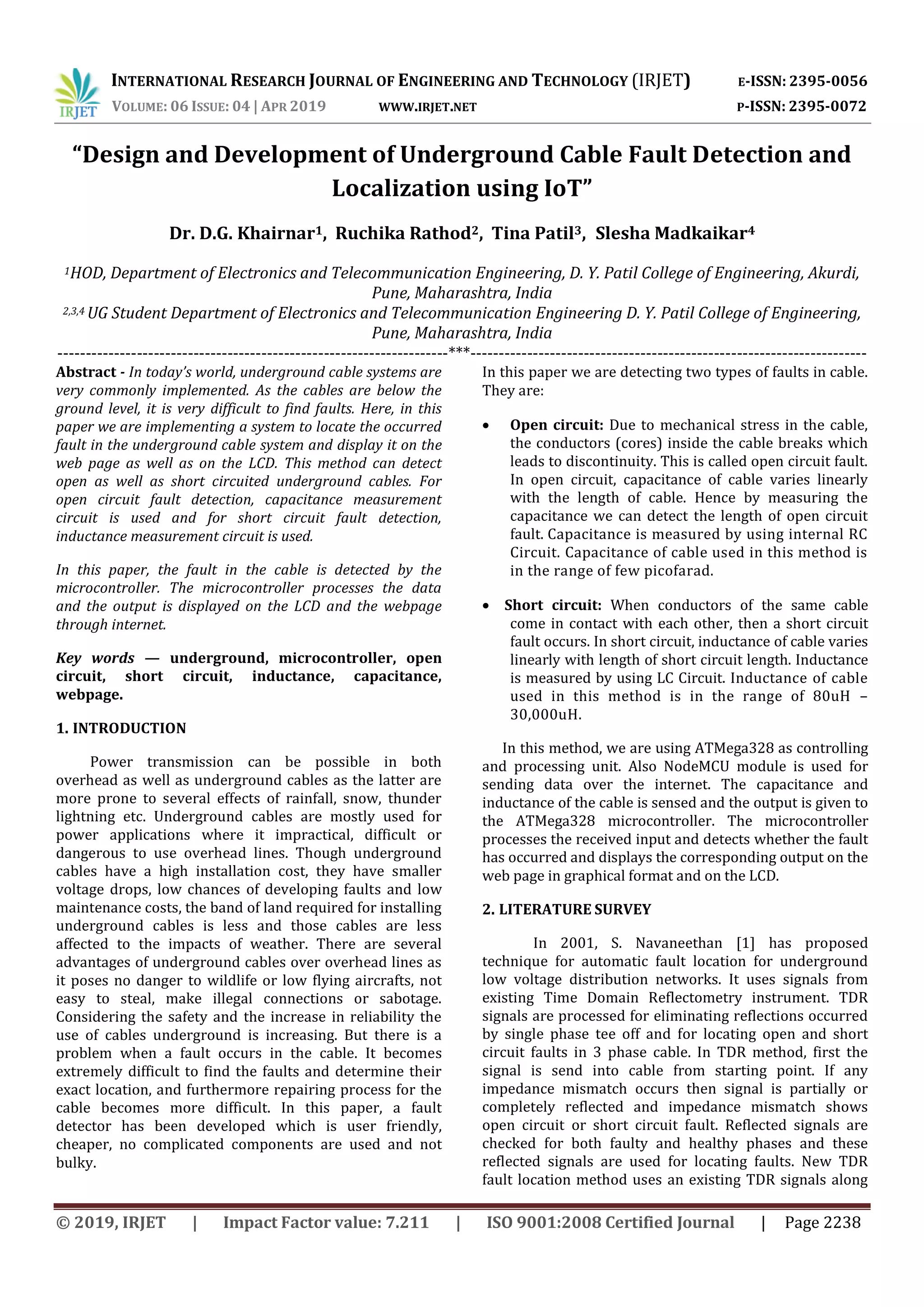 IRJET- Design and Development of Underground Cable Fault Detection and Localization using IoT ...